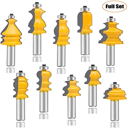 LEATBUY 10 PCS Architectural Molding Router Bit Set 1/2-Inch Shank, Corner Rounding Edge-forming Roundover Beading Router Bit Sets, Carbide CNC Woodworking Milling Tools(1/2-10 Line)