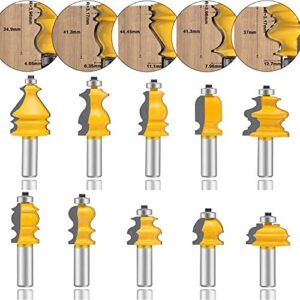 leatbuy 10 pcs architectural molding router bit set 1/2-inch shank, corner rounding edge-forming roundover beading router bit sets, carbide cnc woodworking milling tools(1/2-10 line)