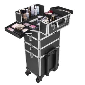 vivohome 4 in 1 makeup rolling train case aluminum trolley professional cosmetic organizer box with shoulder straps 2 keys black(cosmetic are not included)