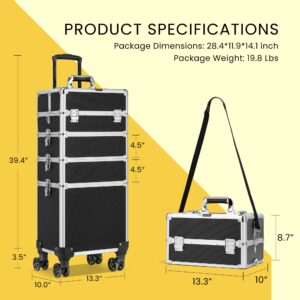 VIVOHOME 4 in 1 Makeup Rolling Train Case Aluminum Trolley Professional Cosmetic Organizer Box with Shoulder Straps 2 Keys Black(Cosmetic are not included)