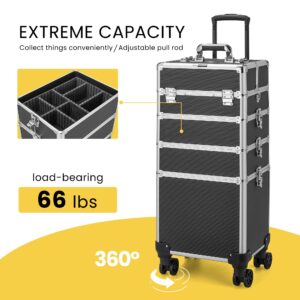 VIVOHOME 4 in 1 Makeup Rolling Train Case Aluminum Trolley Professional Cosmetic Organizer Box with Shoulder Straps 2 Keys Black(Cosmetic are not included)