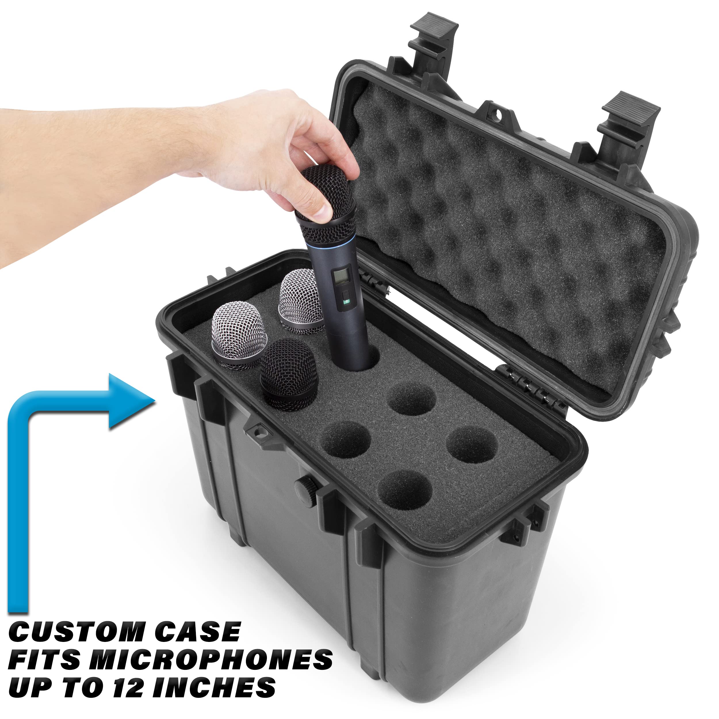 CASEMATIX Microphone Hard Case for 8 Mics Compatible with Sennheiser, Shure, Audio-Technica Microphones and Other Wireless Mic System Transmitter Receiver Microphones - Case Only