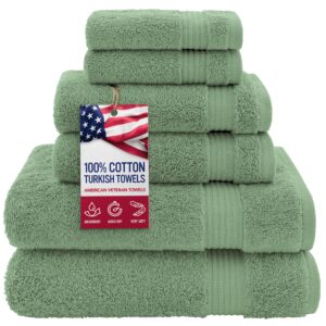 american veteran towel, 100% cotton turkish 6 piece towel set, luxury towels set of 6 for bathroom essentials, 2 bath towel 2 hand towel 2 washcloth, sage green