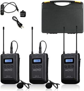 movo wmx-20-duo 48-channel uhf wireless lavalier microphone system with 1 receiver, 2 transmitters, and 2 lapel microphones compatible with dslr cameras (330' ft audio range)