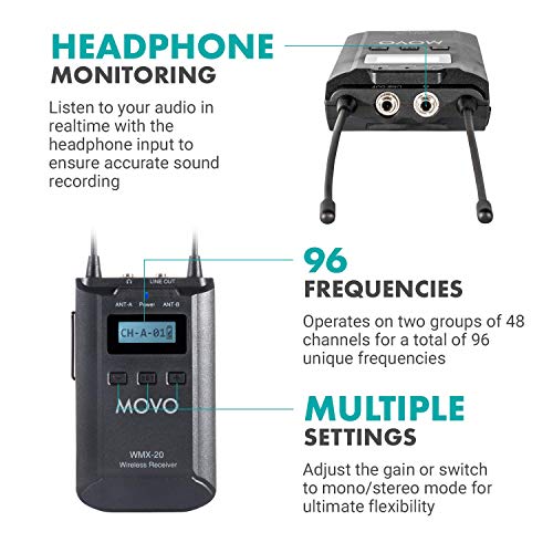 Movo WMX-20-DUO 48-Channel UHF Wireless Lavalier Microphone System with 1 Receiver, 2 Transmitters, and 2 Lapel Microphones Compatible with DSLR Cameras (330' ft Audio Range)