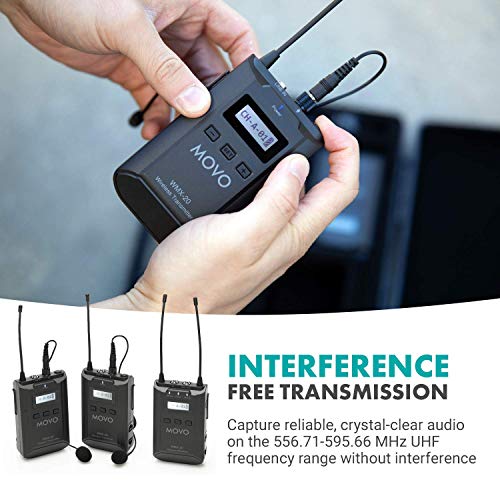 Movo WMX-20-DUO 48-Channel UHF Wireless Lavalier Microphone System with 1 Receiver, 2 Transmitters, and 2 Lapel Microphones Compatible with DSLR Cameras (330' ft Audio Range)