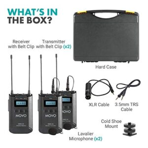 Movo WMX-20-DUO 48-Channel UHF Wireless Lavalier Microphone System with 1 Receiver, 2 Transmitters, and 2 Lapel Microphones Compatible with DSLR Cameras (330' ft Audio Range)