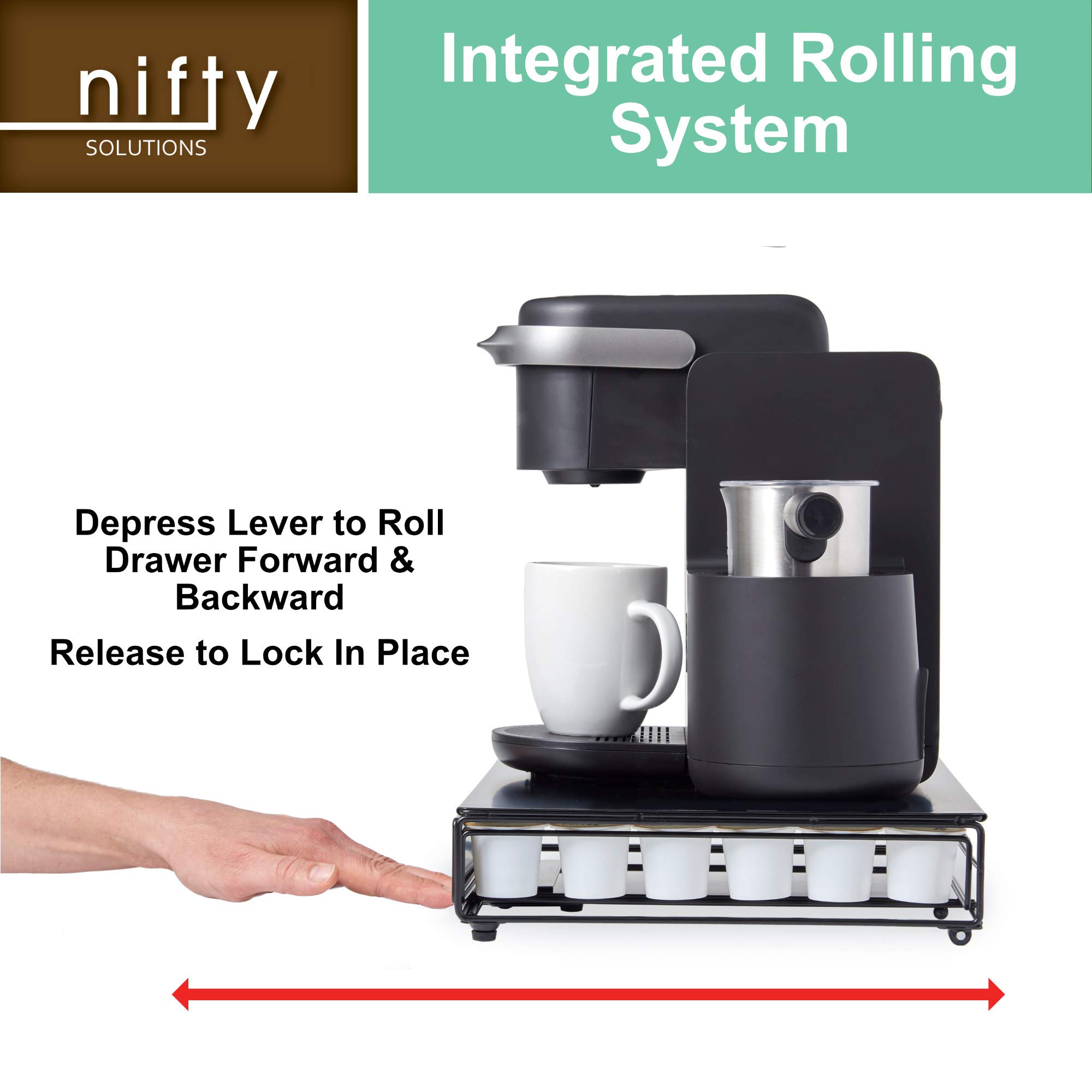 nifty SOLUTIONS Nifty Black Finish, Compatible with K-Cups, Pack Holder, Extra Wide Under Coffee Pot Storage Drawer, Slim Home Kitchen Counter Organizer, 42 Pod Capacity-Rolling