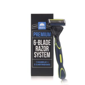 pacific shaving company premium 6-blade razor system - pivoting head with ergonomic weighted handle and lubrication strip (1 razor handle + 5 blade refills)