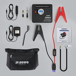 JF.EGWO 3000Amp Car Jump Starter with Air Compressor, 150PSI Tire Inflator with Digital Screen Pressure Gauge, 24000mAh 12V Auto Battery Booster (9.0L Gas/ 8.5LDiesel Engine), 2 USB Port 2 Light