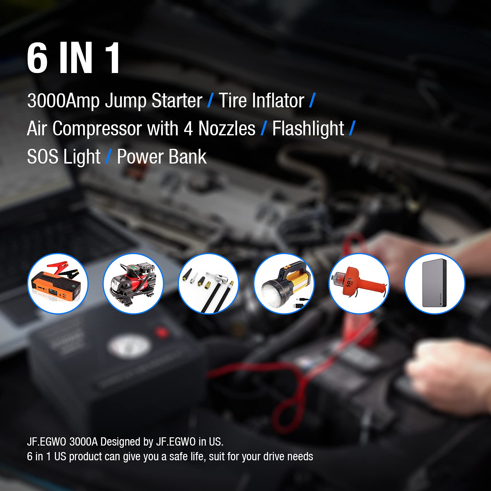 JF.EGWO 3000Amp Car Jump Starter with Air Compressor, 150PSI Tire Inflator with Digital Screen Pressure Gauge, 24000mAh 12V Auto Battery Booster (9.0L Gas/ 8.5LDiesel Engine), 2 USB Port 2 Light