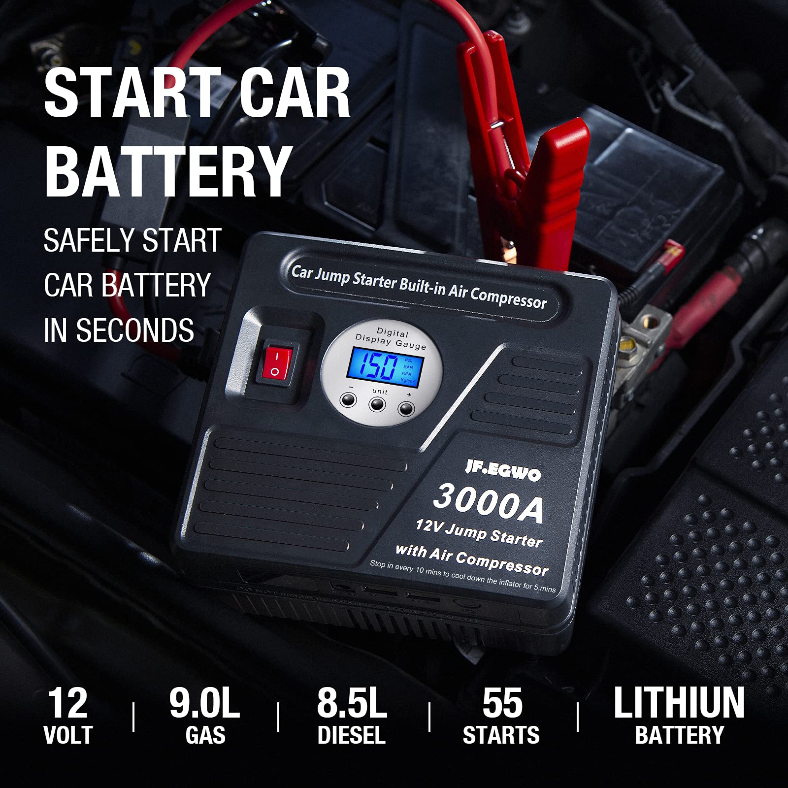 JF.EGWO 3000Amp Car Jump Starter with Air Compressor, 150PSI Tire Inflator with Digital Screen Pressure Gauge, 24000mAh 12V Auto Battery Booster (9.0L Gas/ 8.5LDiesel Engine), 2 USB Port 2 Light