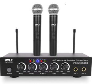 pyle portable uhf wireless microphone system - battery operated dual bluetooth cordless microphone set, includes 2 handheld transmitter mic, mixer receiver, rca, for pa karaoke dj party pdkwm806b