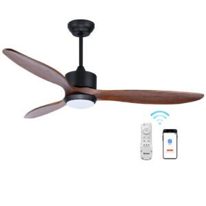 ovlaim 52 inch solid walnut wood ceiling fans with lights remote control, 3 blade propeller smart ceiling fan for bedroom living room indoor outdoor, etl listed high cfm quiet dc motor