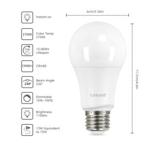 Linkind 75 Watt Equivalent, A19 Dimmable LED Light Bulbs, E26 Base, 2700K Soft White, 13W 1100 Lumens CRI80+ 120V, UL Listed FCC Certified, Pack of 6