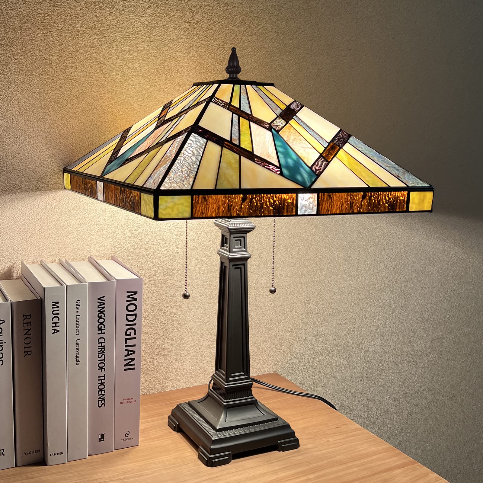 Capulina Tiffany Style Table Lamp 2-Light 16 Inches Wide Cream Amber Antique Mission Style Stained Glass Desk Lamp for Bedrooms Living Room Study Home Office