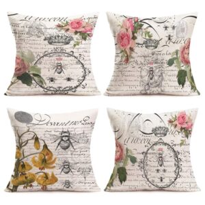 xhomeli queen bee throw pillow cover modern vintage garden bee with flowers lettering pillow case cushion cover cotton linen farm animal pillowcase outdoor decor sofa 18x18 inch 4pack(queen bee 4pack)