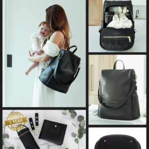 MIA + SOPHIA Leather Diaper Bag Backpack with Changing Pad, Stroller Straps, Bottle Holder (Black Mia)