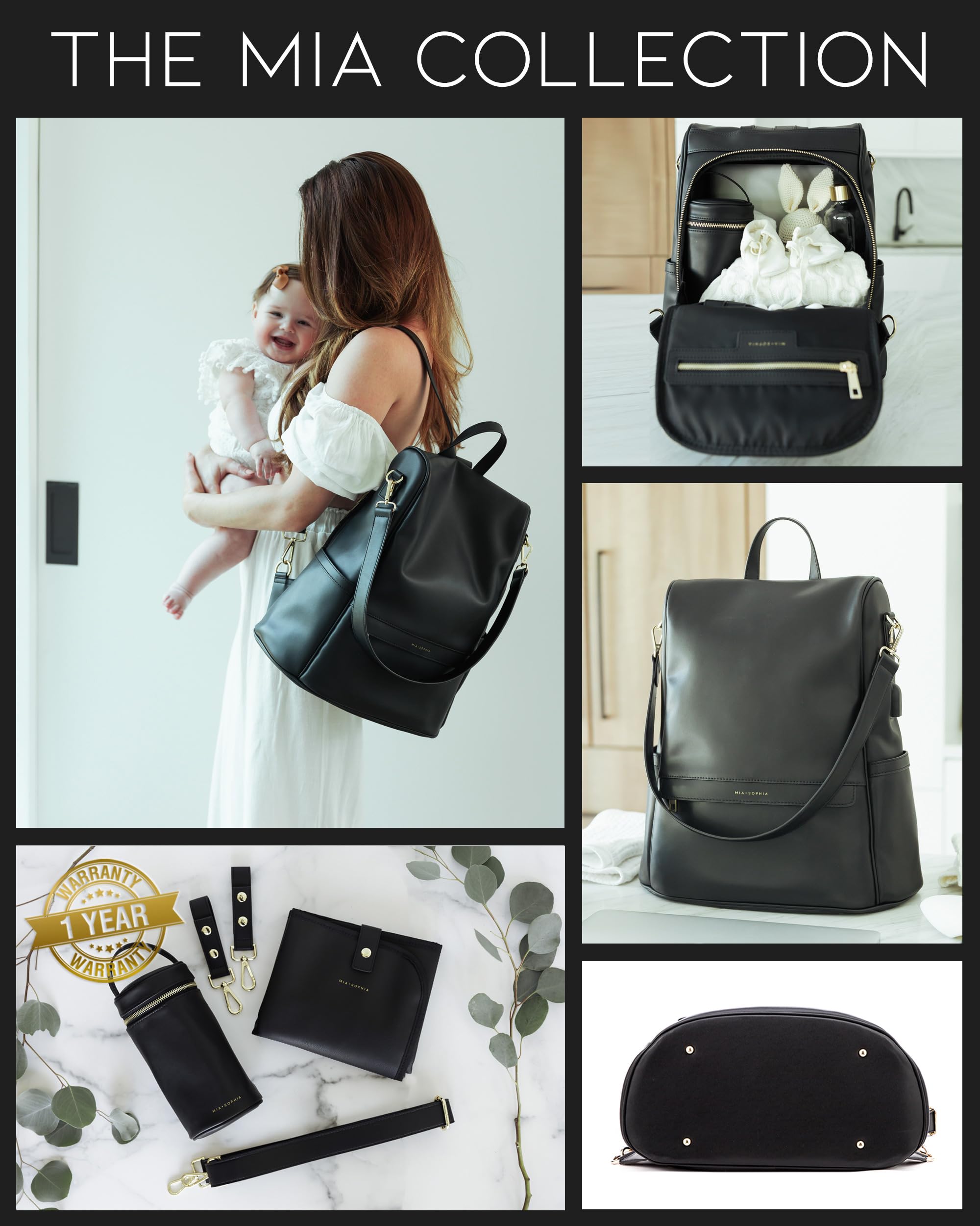 MIA + SOPHIA Leather Diaper Bag Backpack with Changing Pad, Stroller Straps, Bottle Holder (Black Mia)