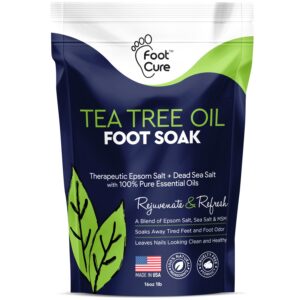 tea tree oil foot soak with epsom salt - for toenail repair, athletes foot, softens calluses, soothes sore & tired feet, nail discoloration, odor scent, spa pedicure care - made in usa 16 oz