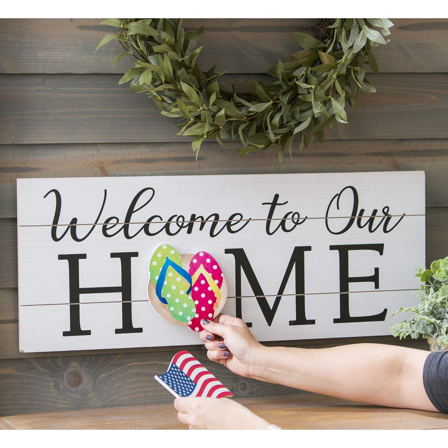 Welcome to our Home Interchangeable Wood Sign | 10 pieces for all Holidays and Seaons | Rustic Farmhouse Wall Art Decor | 28 Inches x 11 Inches