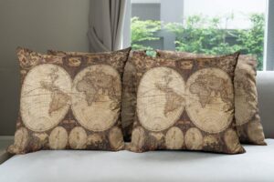 ambesonne world map throw pillow cushion case pack of 4, old world map drawn in 1720s nostalgic style art historical atlas vintage design, modern accent double-sided digital printing, 18", pale brown