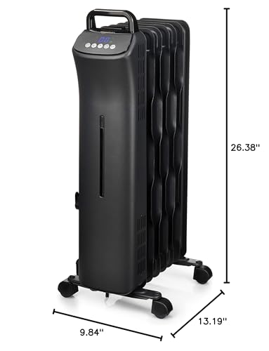 Amazon Basics Portable Digital Radiator Heater with 7 Wavy Fins and Remote Control, Black, 1500W, 9.8 x 26.5 x 13.1 in