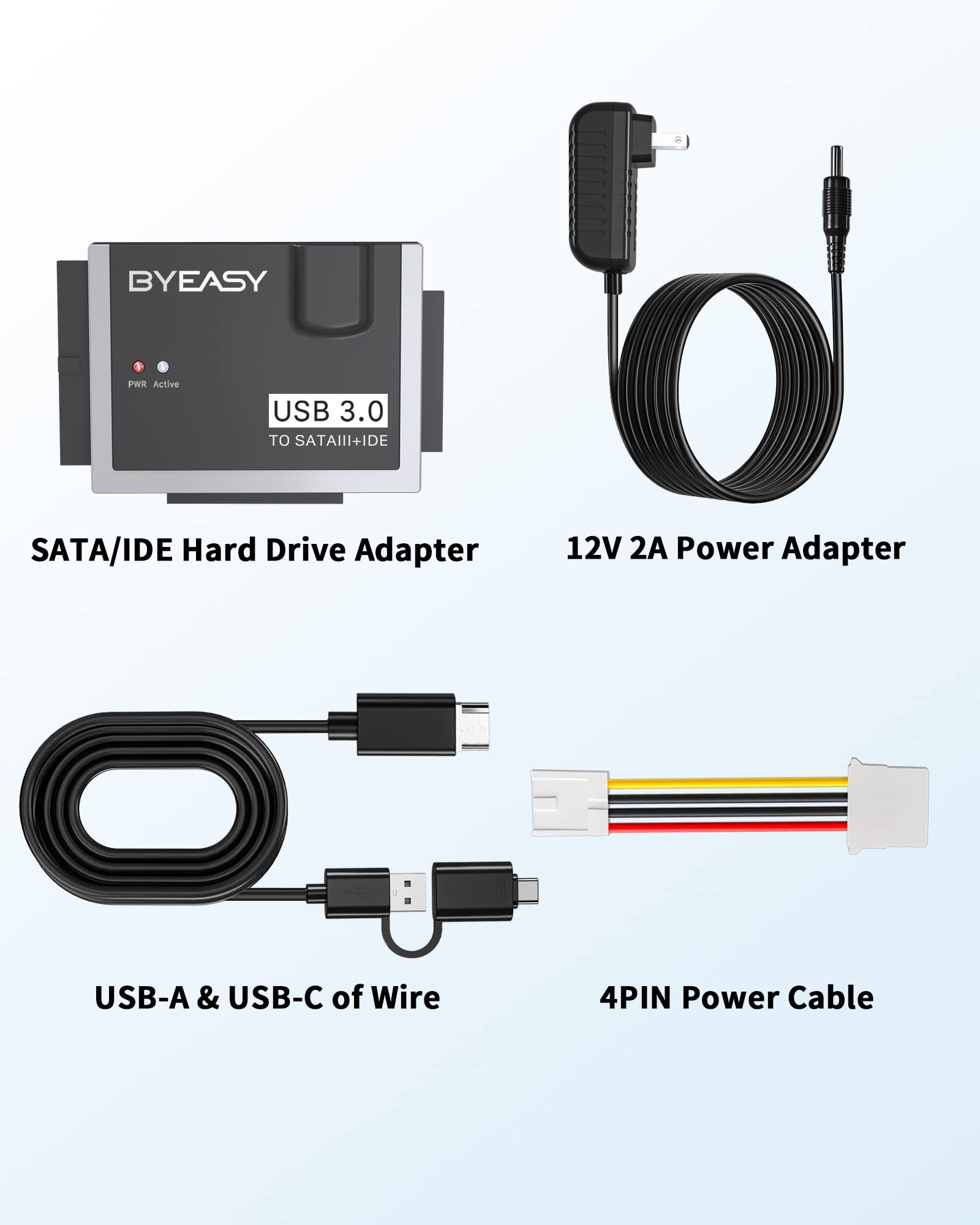 BYEASY SATA/IDE USB 3.0 Adapter, Hard Drive Reader with USB A and USB C for Universal 2.5"/3.5" Inch External HDD/SSD with 12V 2A Adapter, Support 12TB for Windows and Mac OS