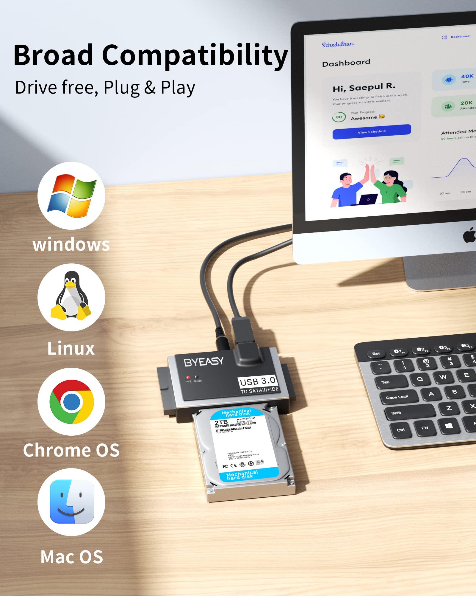 BYEASY SATA/IDE USB 3.0 Adapter, Hard Drive Reader with USB A and USB C for Universal 2.5"/3.5" Inch External HDD/SSD with 12V 2A Adapter, Support 12TB for Windows and Mac OS