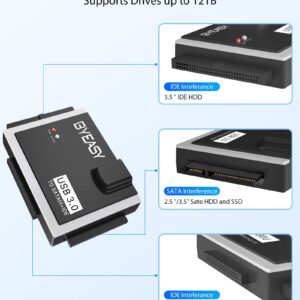 BYEASY SATA/IDE USB 3.0 Adapter, Hard Drive Reader with USB A and USB C for Universal 2.5"/3.5" Inch External HDD/SSD with 12V 2A Adapter, Support 12TB for Windows and Mac OS