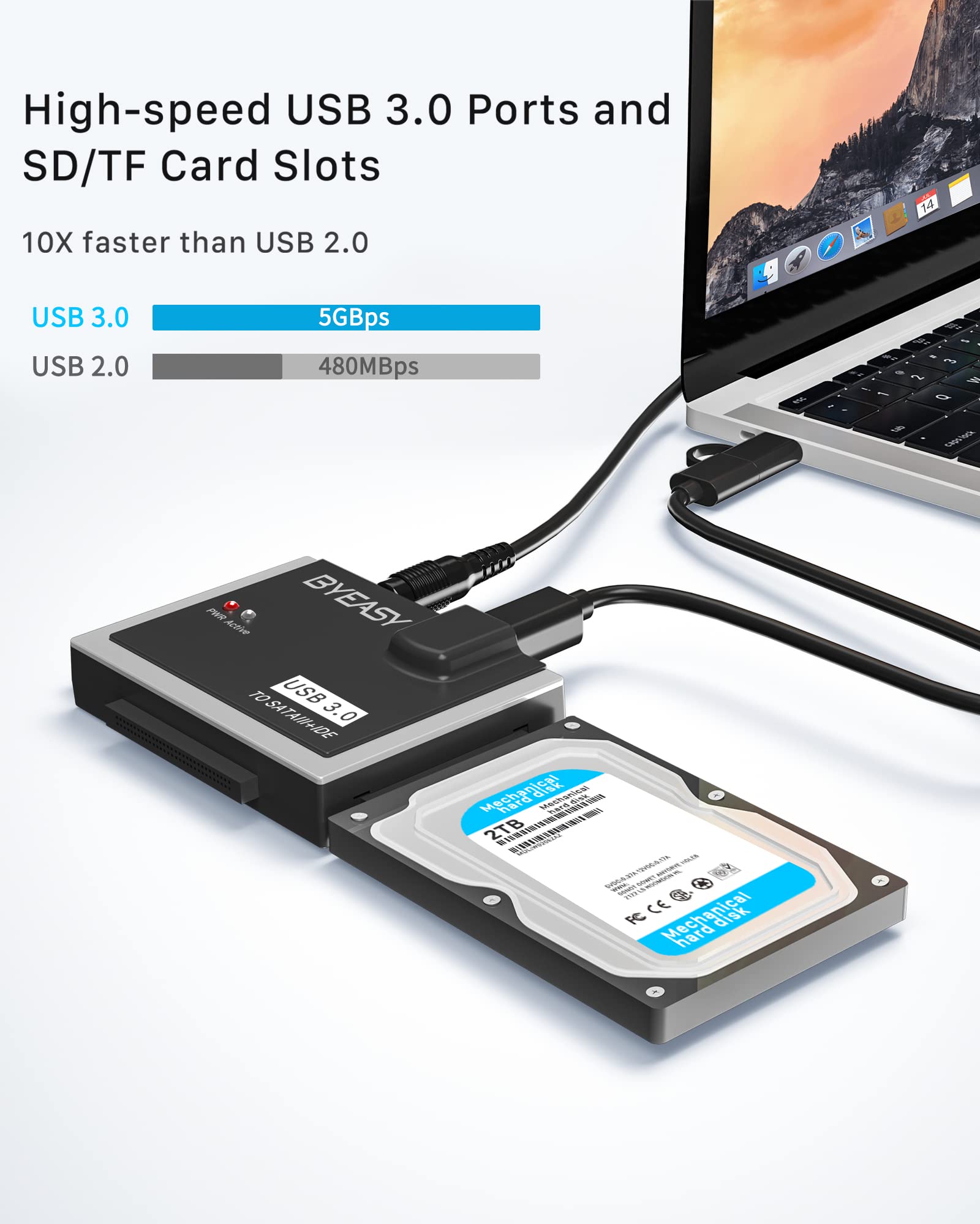 BYEASY SATA/IDE USB 3.0 Adapter, Hard Drive Reader with USB A and USB C for Universal 2.5"/3.5" Inch External HDD/SSD with 12V 2A Adapter, Support 12TB for Windows and Mac OS