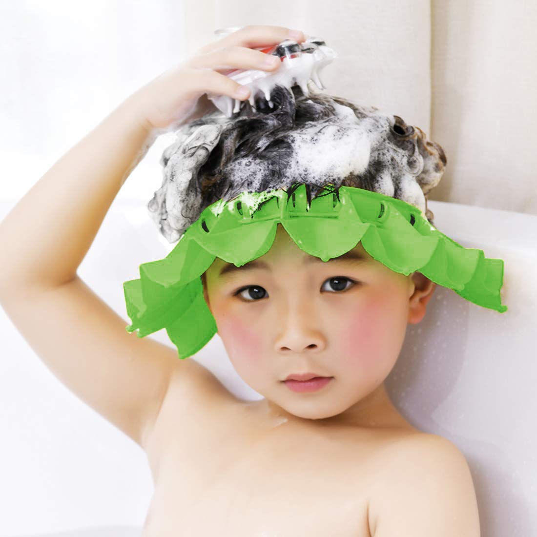 Soft Baby Shower Cap - Adjustable Silicone Shower Hat Head Ear Protector Water Hats for Kids - Toddler Safety Shampoo Shower Cap Hair Washing Visor Bath Accessories (Green)