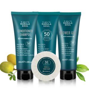 oppeal marula soul travel size toiletries 3-piece set | 1oz conditioning shampoo, body wash, facial soap | ambergris scent | 150 pcs total | ample bulk for guests