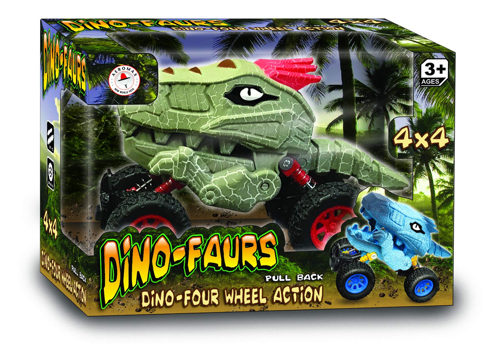 Aeromax Dino-Faur Pull Back Dinosaur Truck, Green with Red Accent