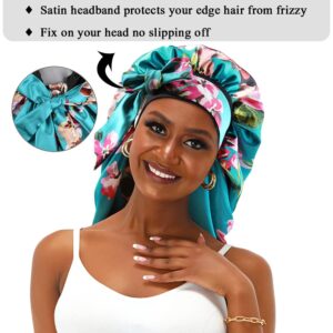 sent hair Extra Long Satin Bonnet Sleep Cap for Women, Double Layer Silky Hair Bonnet for Braids/Curly/Long Hair - Soft Elastic Band, Green Floral