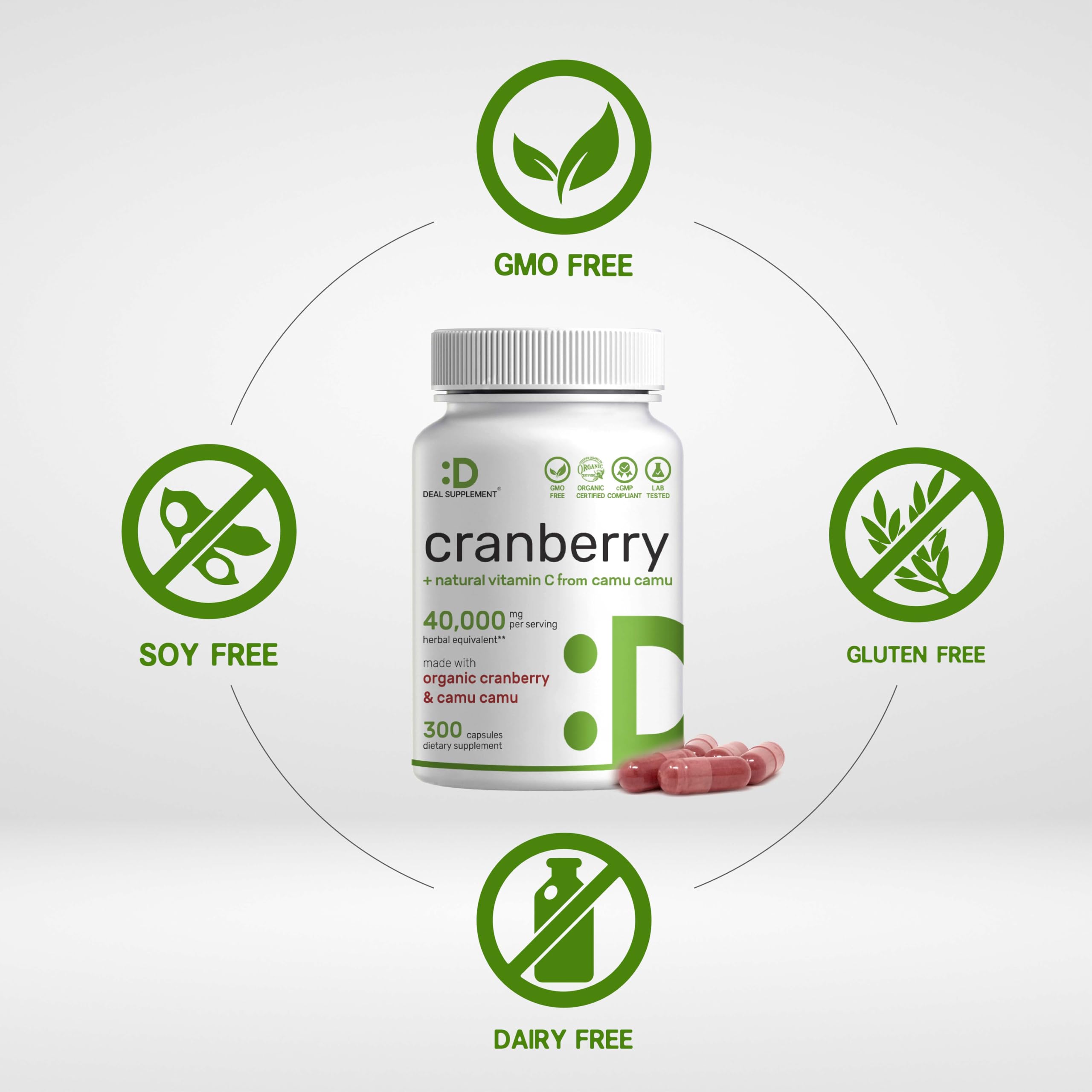 Cranberry Pills 40,000mg Per Serving with Camu Camu, 300* Capsules – Made with Organic Ingredients – Natural Vitamin C – 4X Strength Urinary Tract Health Supplement – No Sugar, No GMOs