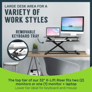 TechOrbits Standing Desk Converter - 32 Inch Adjustable Sit to Stand Up Desk Workstation, Particle Board, Dual Monitor Desk Riser with Keyboard Tray, Desktop Riser for Home Office Laptop, White 32"