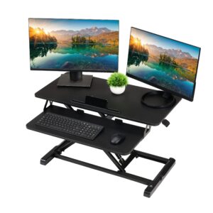 techorbits standing desk converter - 32 inch adjustable sit to stand up desk workstation, particle board, dual monitor desk riser with keyboard tray, desktop riser for home office laptop, black 32"