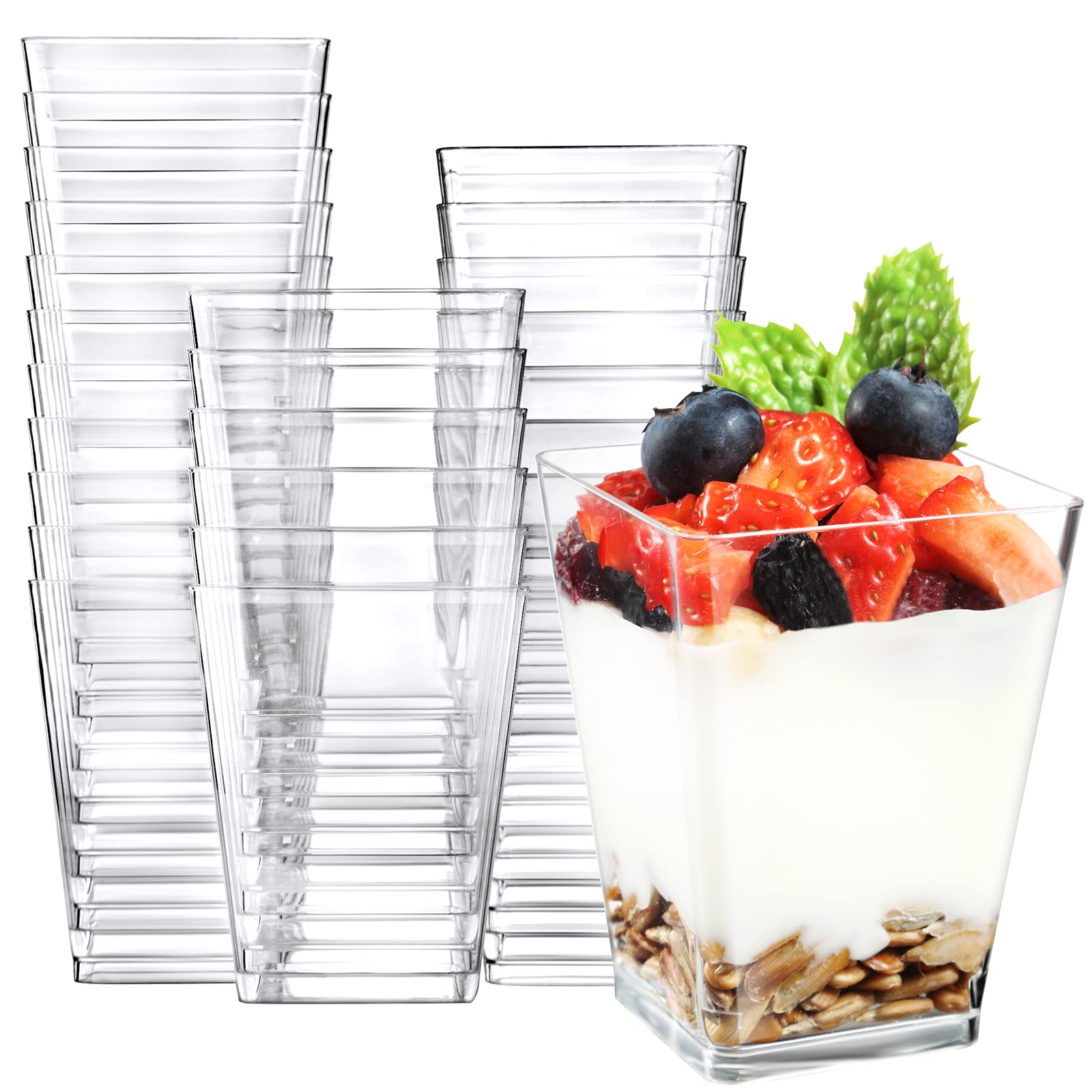 Eupako 50 Pack 5 oz Square Clear Plastic Dessert Cups Small Clear Plastic Tumbler Cups Great for Desserts, Appetizers, Puddings, Mousse and More