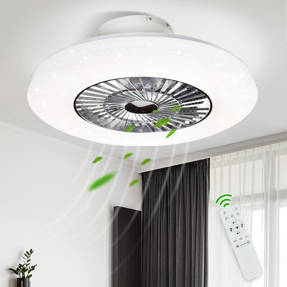 DLLT LED Remote Ceiling Fan with Light Kit-40W Modern Dimmable Ceiling Fan Lighting, 7 Invisible Blades Ceiling Fans, 23 Inch Ceiling Lighting Fixture Flush Mount, 3 Color Changeable, 3 Files, Timing