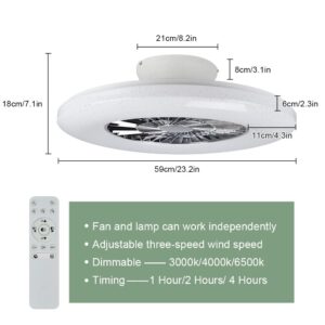 DLLT LED Remote Ceiling Fan with Light Kit-40W Modern Dimmable Ceiling Fan Lighting, 7 Invisible Blades Ceiling Fans, 23 Inch Ceiling Lighting Fixture Flush Mount, 3 Color Changeable, 3 Files, Timing