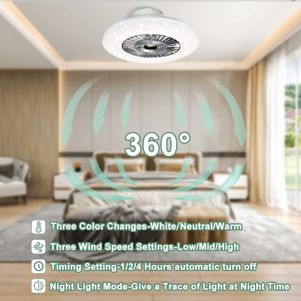 DLLT LED Remote Ceiling Fan with Light Kit-40W Modern Dimmable Ceiling Fan Lighting, 7 Invisible Blades Ceiling Fans, 23 Inch Ceiling Lighting Fixture Flush Mount, 3 Color Changeable, 3 Files, Timing