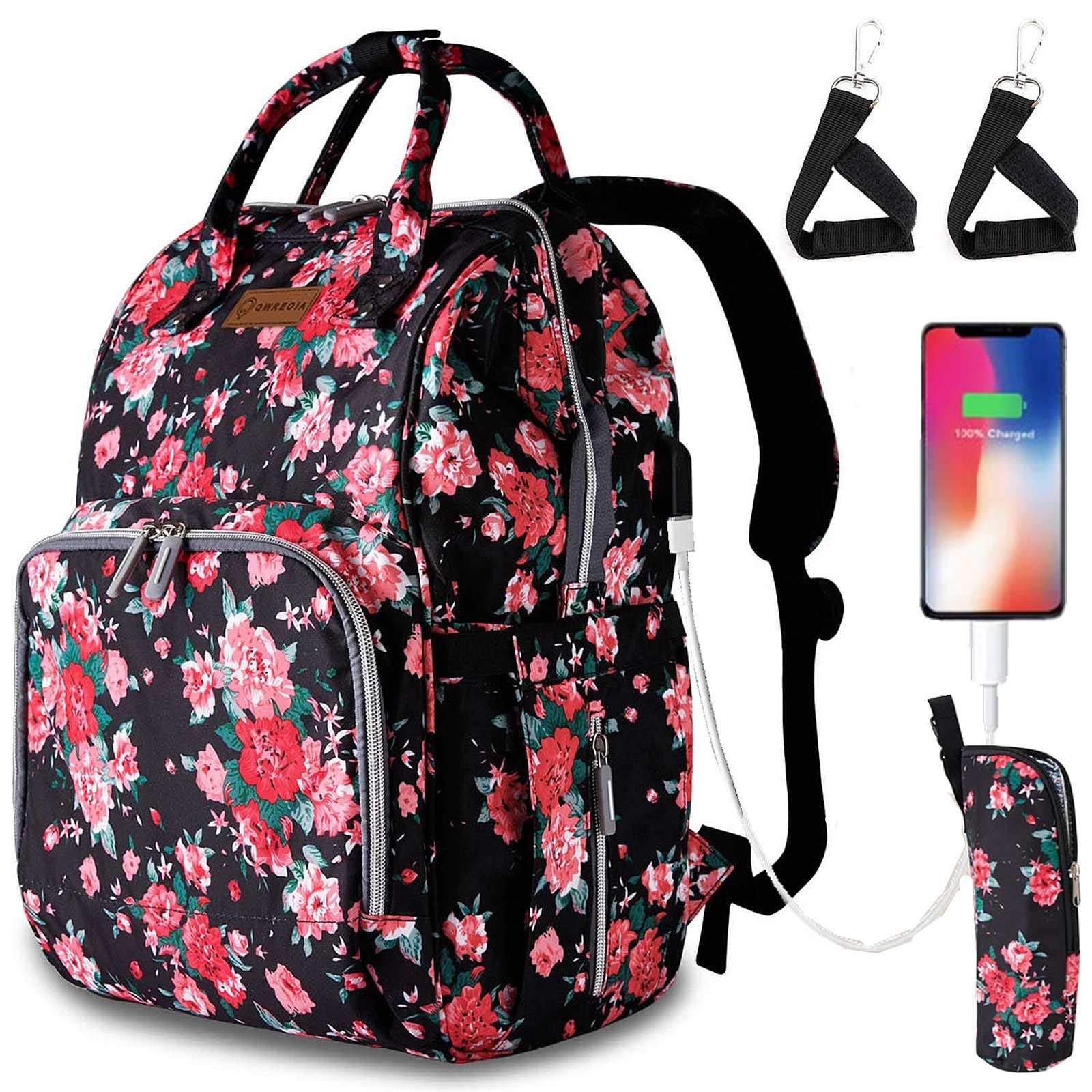 QWREOIA Floral Diaper Bag Backpack with USB Charging Port Stroller Straps and Insulated Pocket, Travel Bag Nappy Backpack For Women/Mum (Red Flower Pattern)