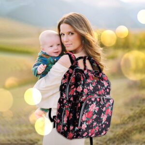 QWREOIA Floral Diaper Bag Backpack with USB Charging Port Stroller Straps and Insulated Pocket, Travel Bag Nappy Backpack For Women/Mum (Red Flower Pattern)