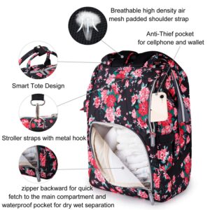 QWREOIA Floral Diaper Bag Backpack with USB Charging Port Stroller Straps and Insulated Pocket, Travel Bag Nappy Backpack For Women/Mum (Red Flower Pattern)