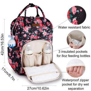 QWREOIA Floral Diaper Bag Backpack with USB Charging Port Stroller Straps and Insulated Pocket, Travel Bag Nappy Backpack For Women/Mum (Red Flower Pattern)