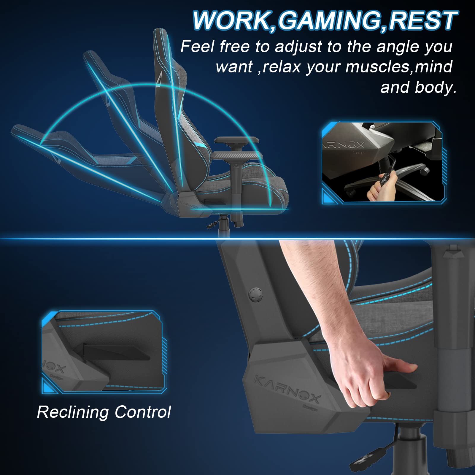 KARNOX Legend Gaming Chair Ergonomic Office Desk Chair Racing PC Chair High-Back Executive Chair with Adjustable Headrest and Lumbar Support 360 Degree Swivel Recling Computer Chair Cloth Dark Grey