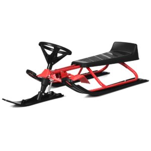 goplus snow racer sled, ski sled slider board with steering wheel, twin brakes, retractable pull rope, for kids age 6 & up, holds two children or a teenager (reinforced version)