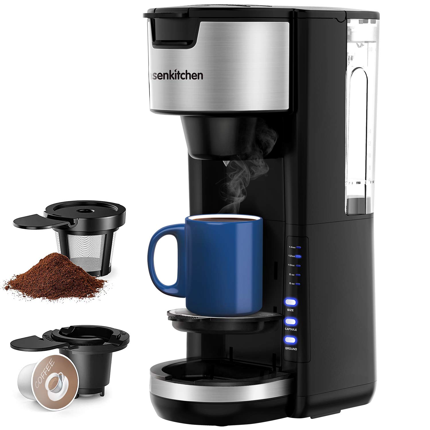 Singles Serve Coffee Makers For K Cup Pod & Coffee Ground, Mini 2 In 1 Coffee Maker Machines 30 Oz Reservoir Brew Strength Control Small Coffee Brewer Machine for office Home Kitchen- Black