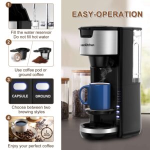 Singles Serve Coffee Makers For K Cup Pod & Coffee Ground, Mini 2 In 1 Coffee Maker Machines 30 Oz Reservoir Brew Strength Control Small Coffee Brewer Machine for office Home Kitchen- Black